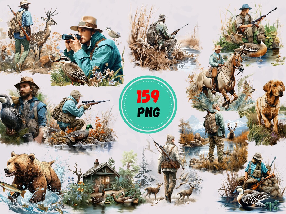 Set of Watercolor Hunting Prints in Different Genres Png, 159 Png ...