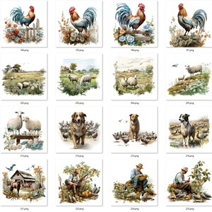 Watercolor Farm Print Set in Various Genres Png, 200 Images on ...