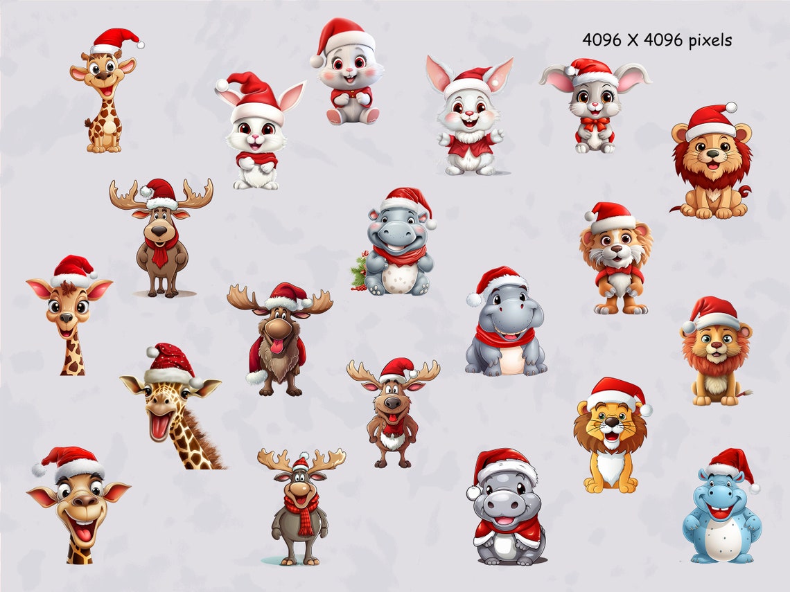 Christmas Cartoon Animals Png in Santa Claus Hat Christmas - Etsy