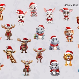 Christmas Cartoon Animals Png in Santa Claus Hat, Christmas Watercolor ...