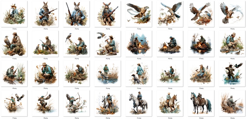 Set of Watercolor Hunting Prints in Different Genres Png, 159 Png ...