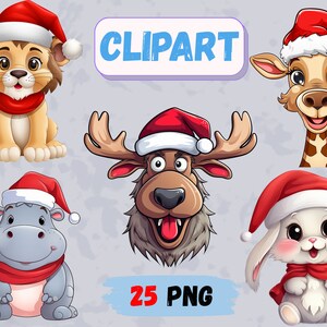 Christmas Cartoon Animals Png in Santa Claus Hat, Christmas Watercolor ...
