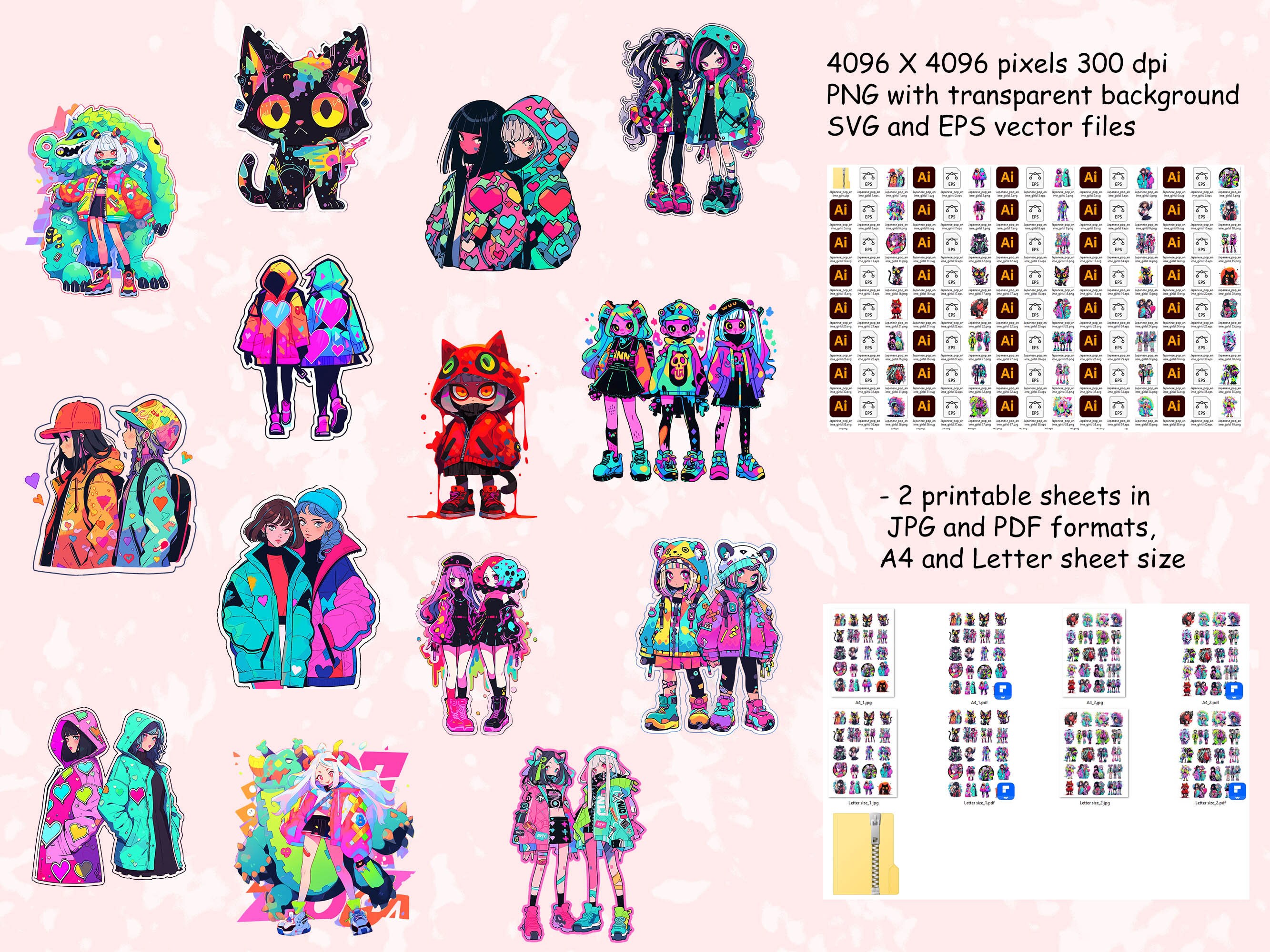 Stickers Japanese Pop Anime Girls 40 PNG SVG EPS Single - Etsy