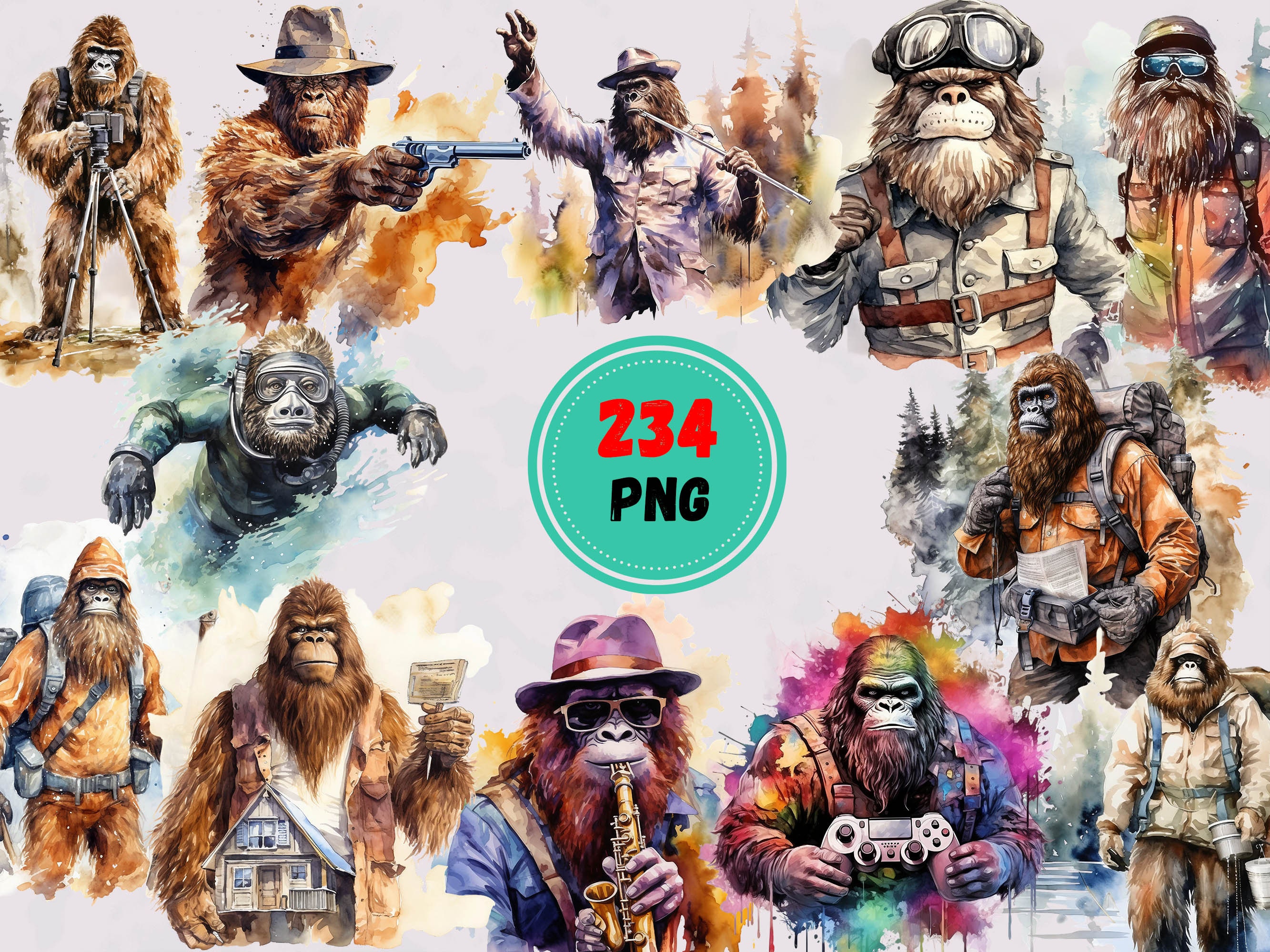 Sasquatch Watercolor Clipart Set Png, 234 Images on Transparent ...