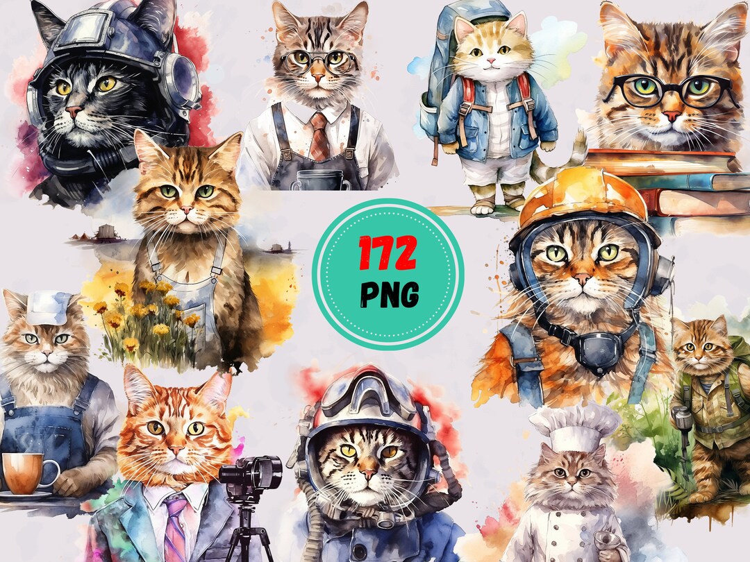 Set of Watercolor Cat Clipart in Different Genres Png, 172 Images on ...