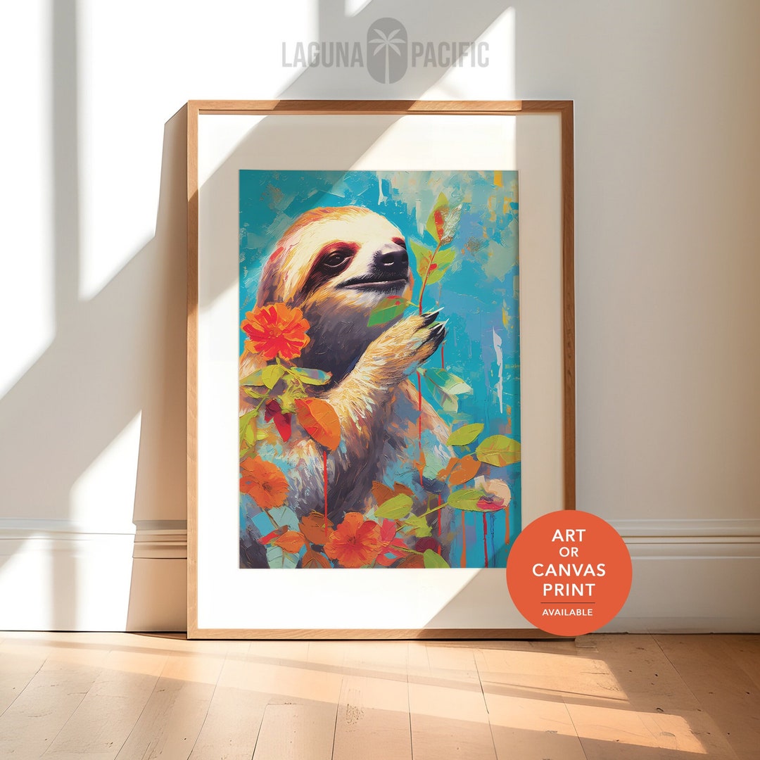 Cute Sloth in Flowers Illustration Lush Flower Garden Maximalist ...