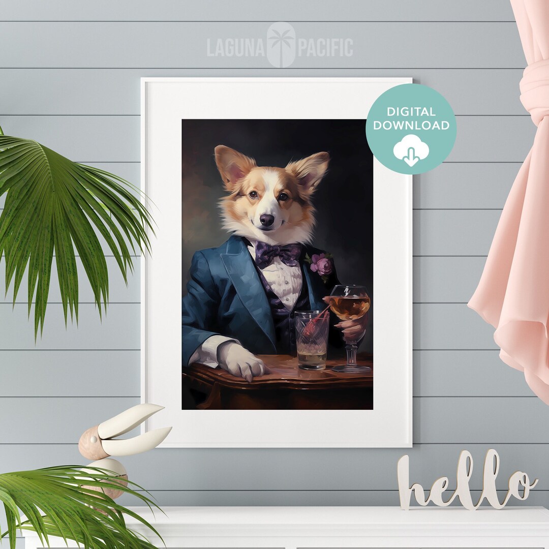 Dapper Dog With Cocktail Art Pembroke Welsh Corgi Art Trendy Wall Art for Living Room Corgi ...