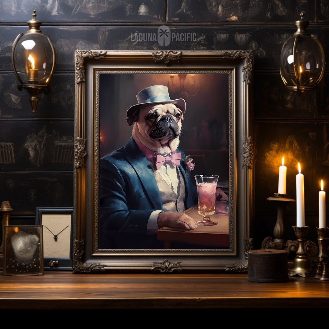 Gothic Pug With Cocktail Art | Anthropomorphic Art | Dark Academia ...