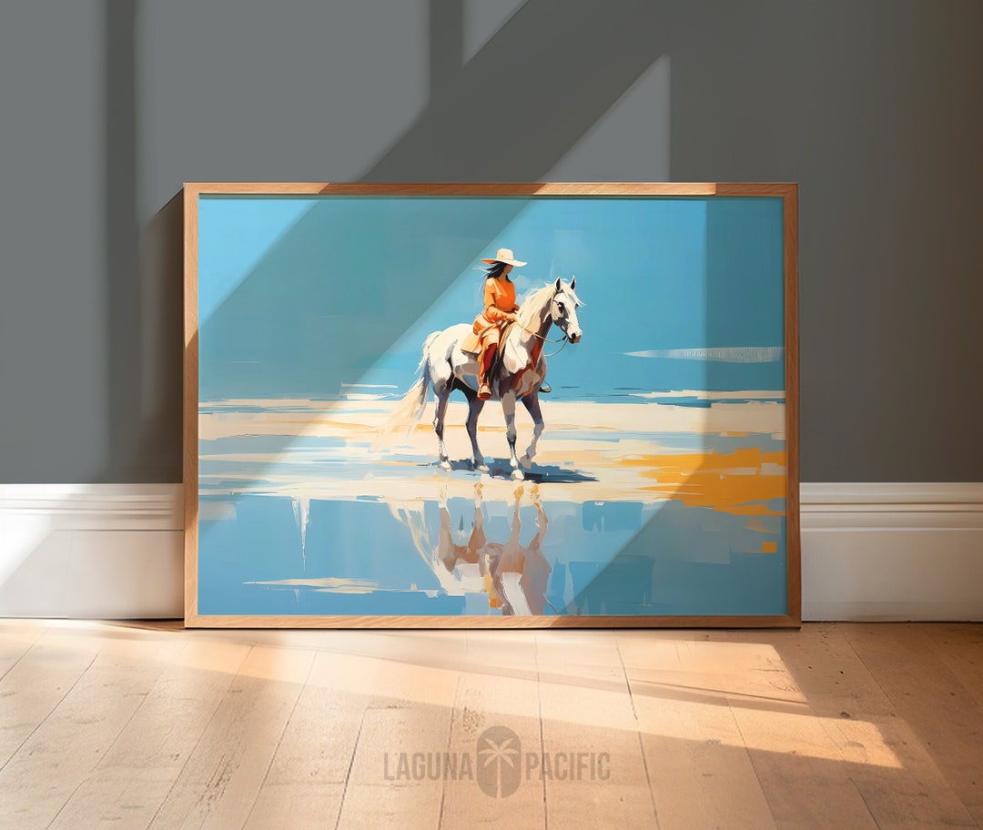 Cowgirl Beach Horseback Riding Art, Vibrant Blue Coastal Scene, Ideal ...