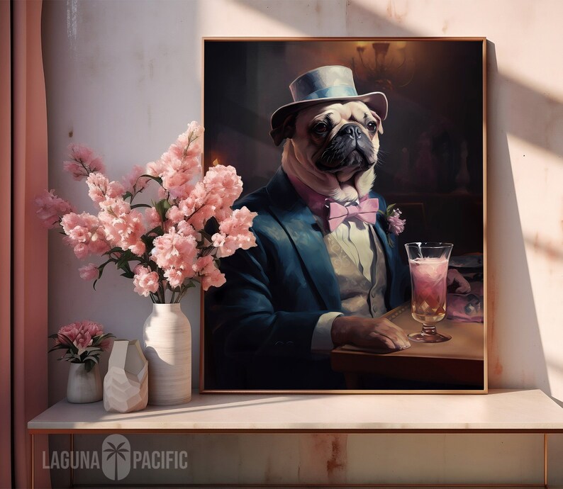 Gothic Pug With Cocktail Art | Anthropomorphic Art | Dark Academia ...