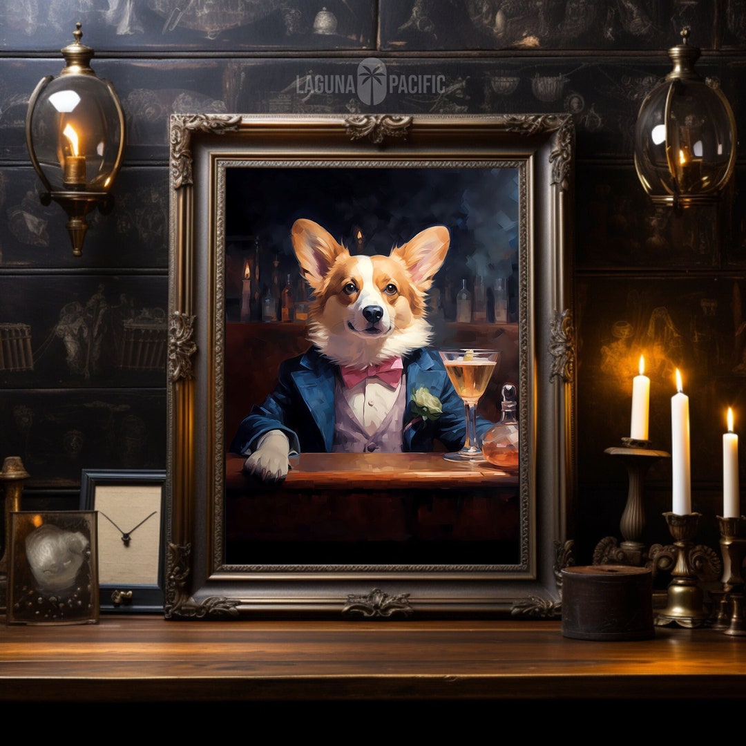 Welsh Corgi With Cocktail Art | Dapper Dog Retro Home Bar Wall Art ...