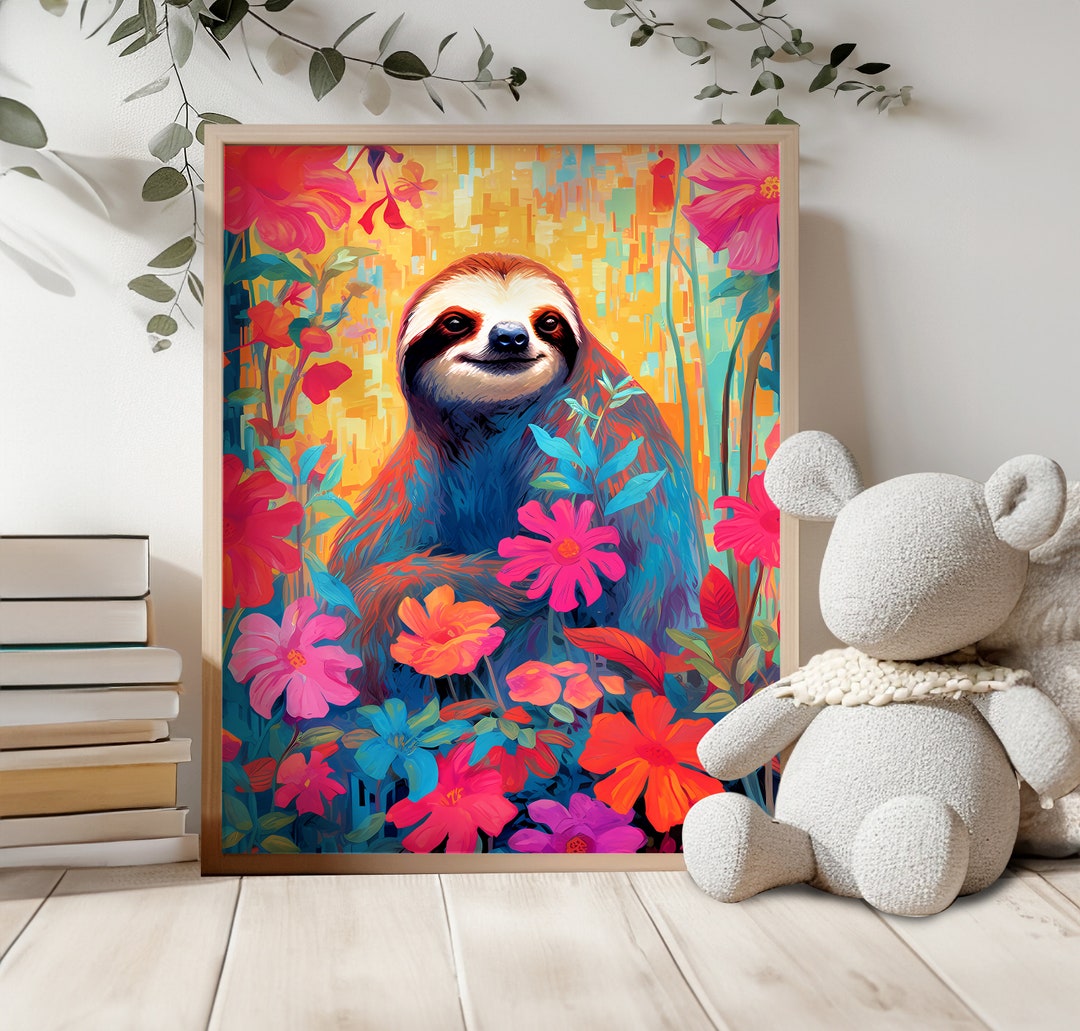 Baby Sloth in Flowers Illustration | Lush Flower Garden Maximalist ...