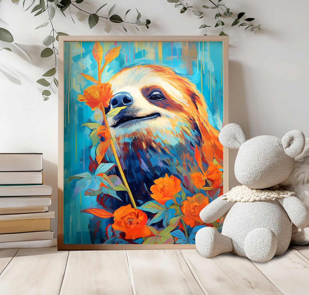 Cute Sloth in Flowers Illustration | Lush Flower Garden Maximalist ...