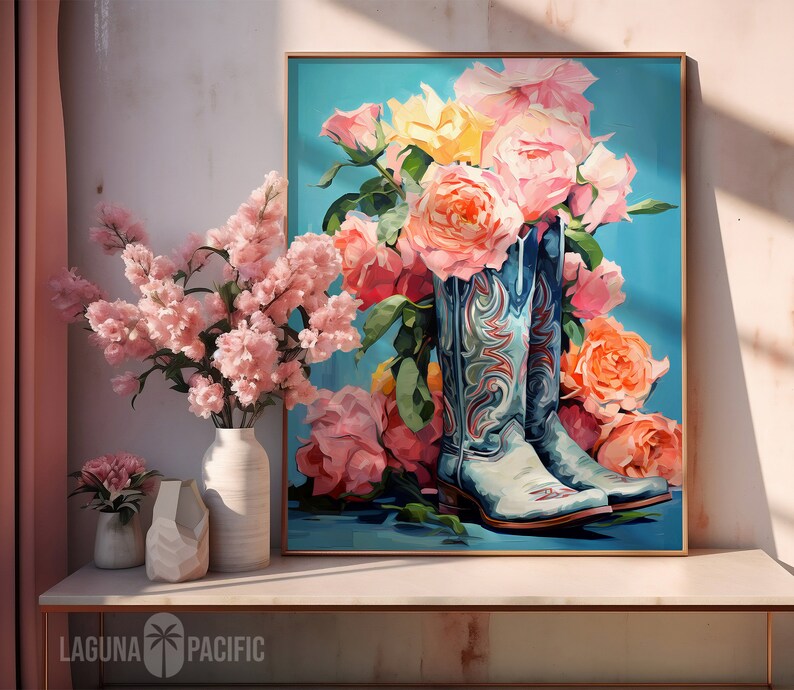 Blue Cowgirl Boots & Flowers Print Girly Western Wall Art Trendy Wall ...