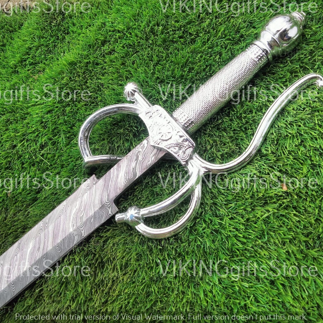 Hand Forged Damascus Steel Rapier Sword With Leather Sheath, Medieval ...