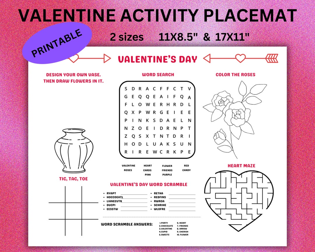 Valentine Placemat, Kid Activity Mat, Valentine Party Activity, Party ...