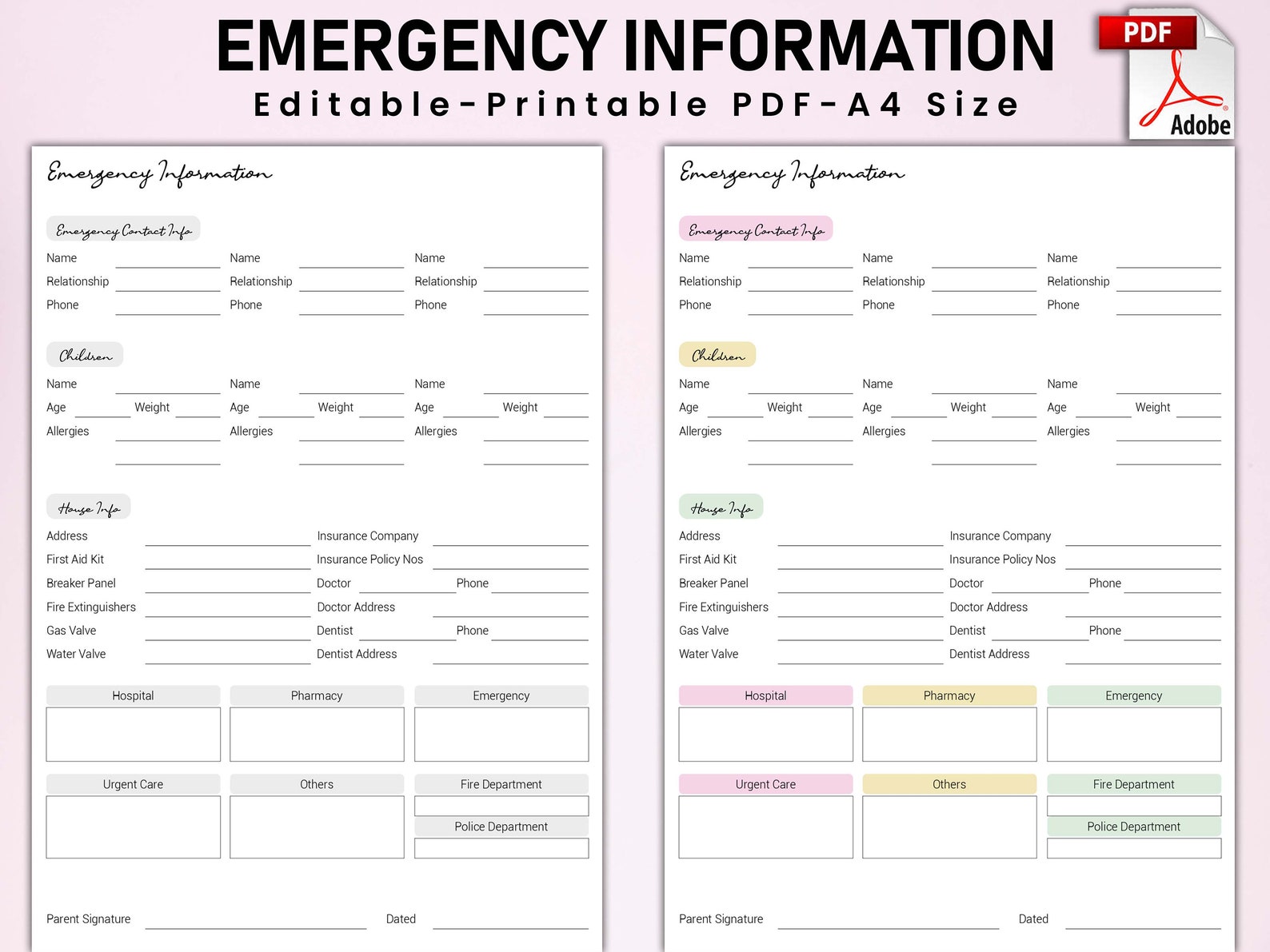 Emergency Information Sheet, Editable Emergency Contact Info Template ...