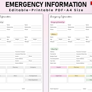 Emergency Information Sheet, Editable Emergency Contact Info Template ...