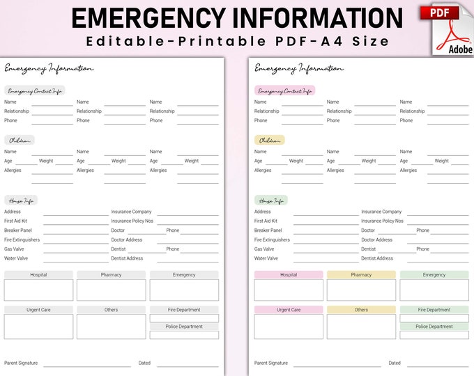 Student Emergency Contact Printable Medical / Allergy Information Sheet ...