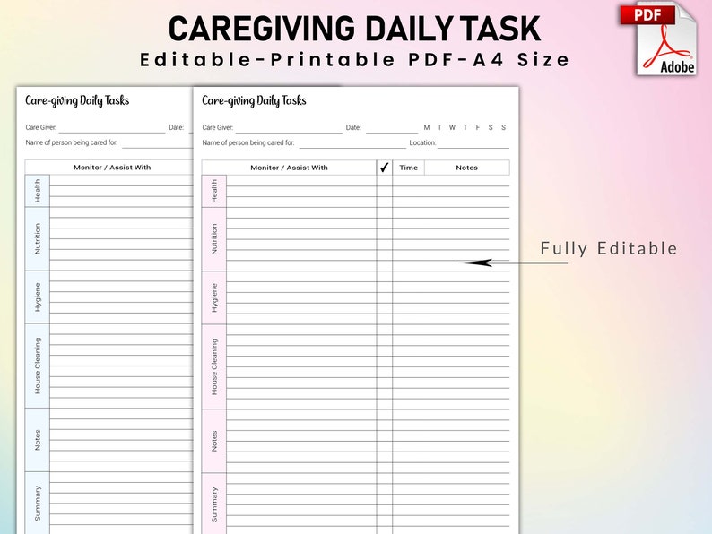 Editable Caregiver Daily Task Checklist: Elderly Care Plan (A4 PDF) - Etsy