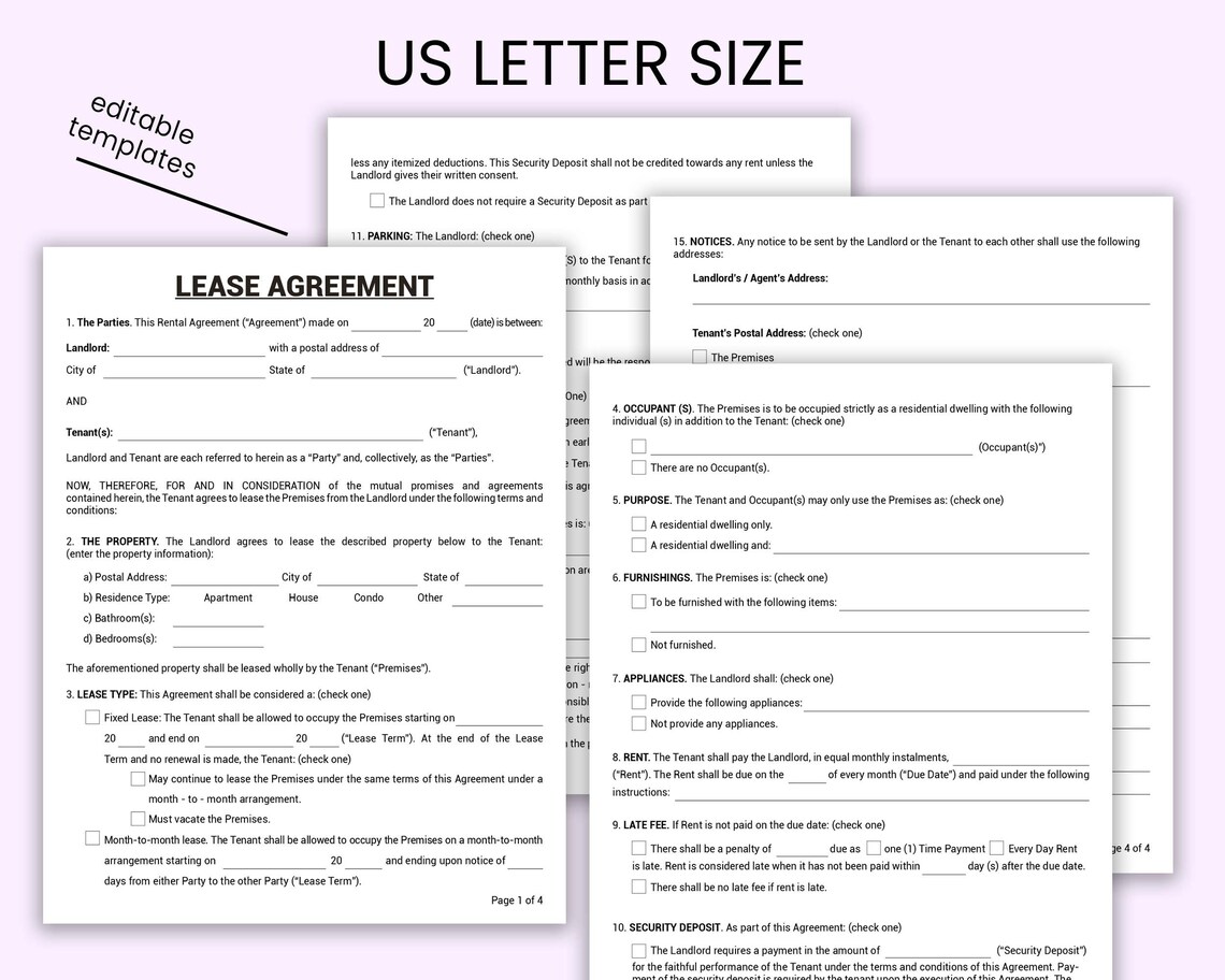 Printable Rental Agreement Template: Landlord Lease Contract (digital ...