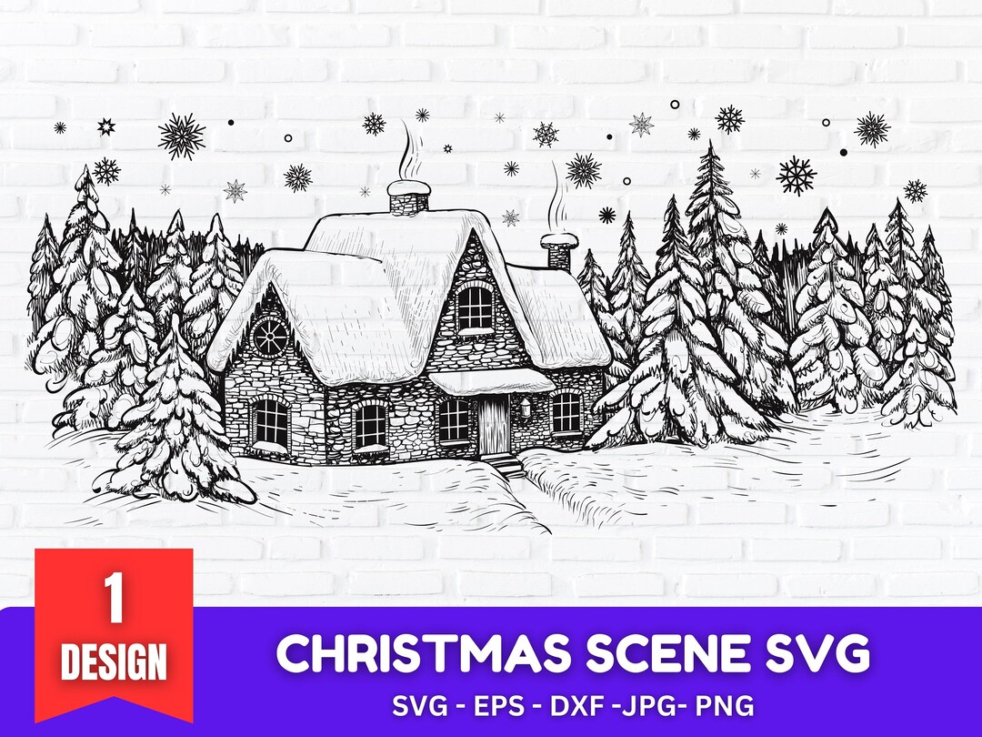 Christmas Scene SVG Bundle: Winter Cottage, Santa, Reindeer (digital ...