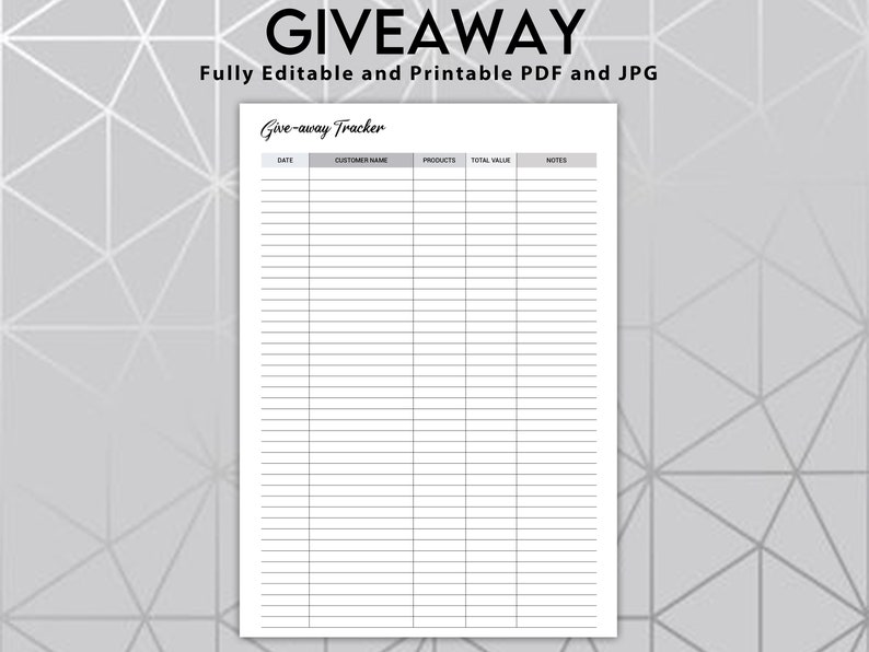 Giveaway Tracker Editable and Printable, Business Giveaway, Social ...