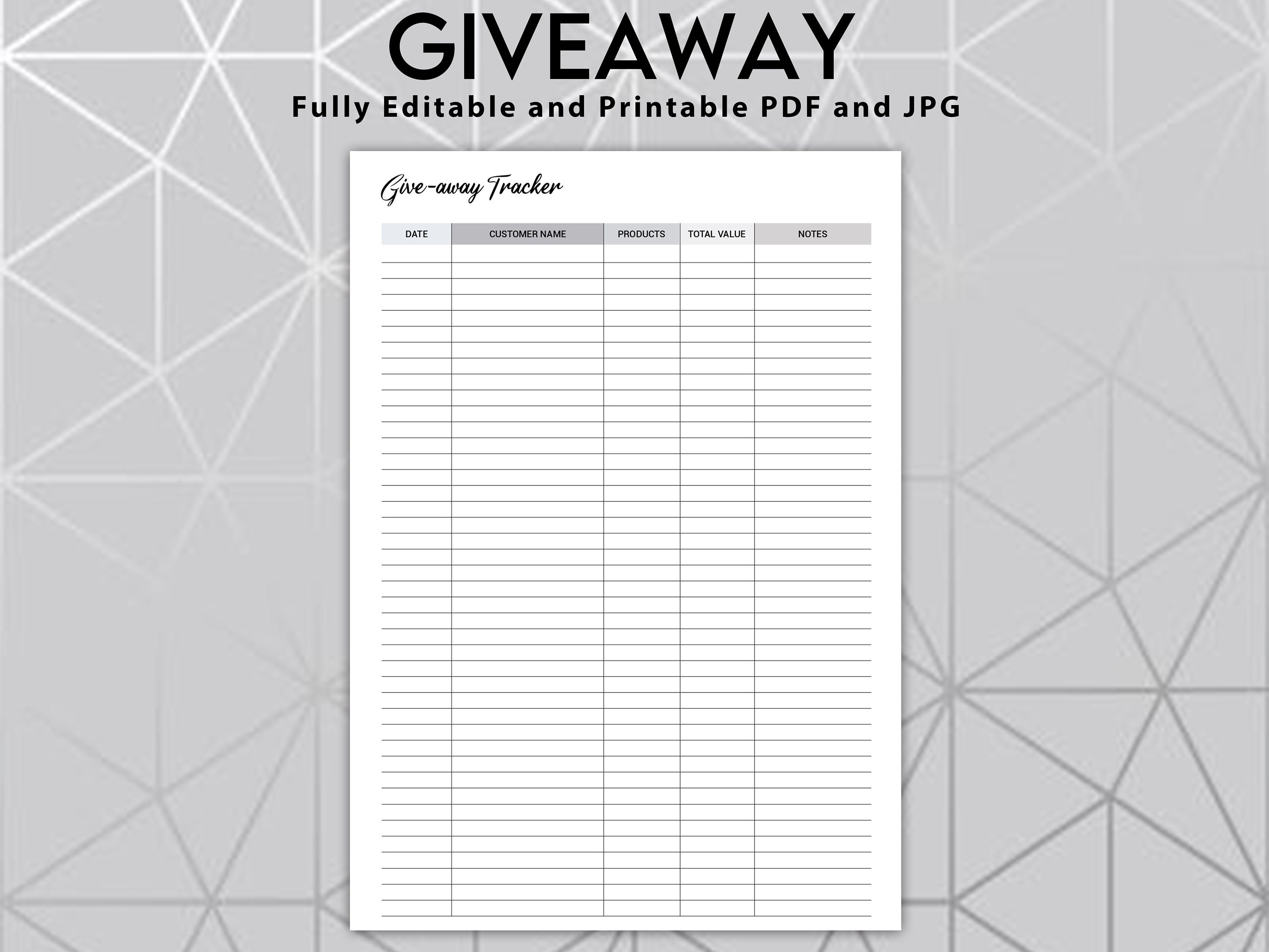 Giveaway Tracker Editable and Printable, Business Giveaway, Social ...