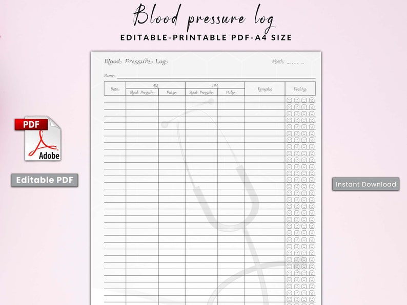 Blood Pressure Log Digital Template, Daily Blood Pressure Tracking ...