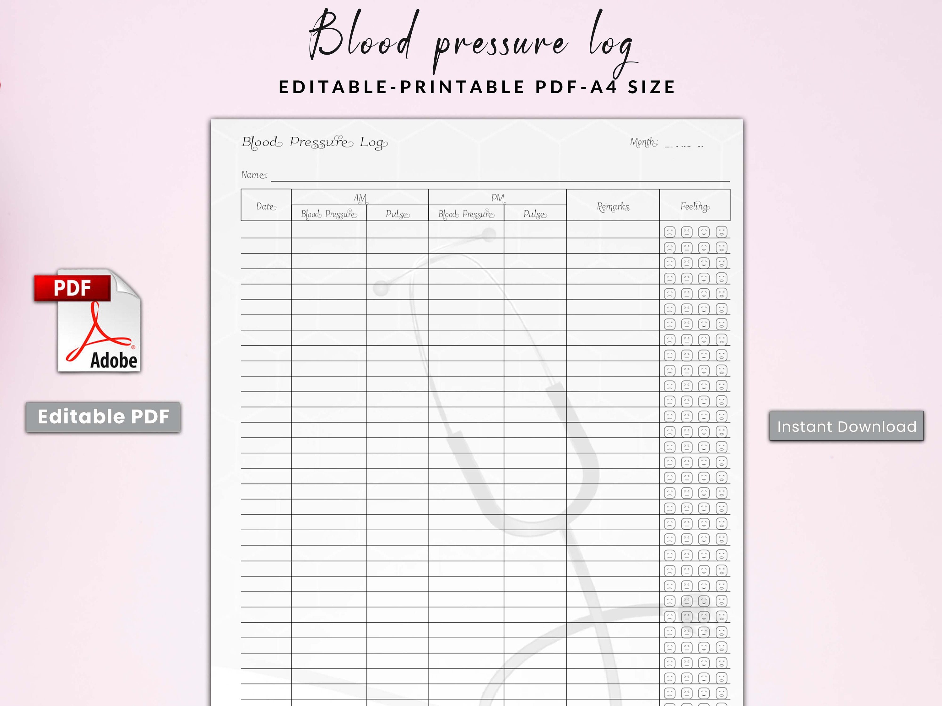 Blood Pressure Log Digital Template, Daily Blood Pressure Tracking ...