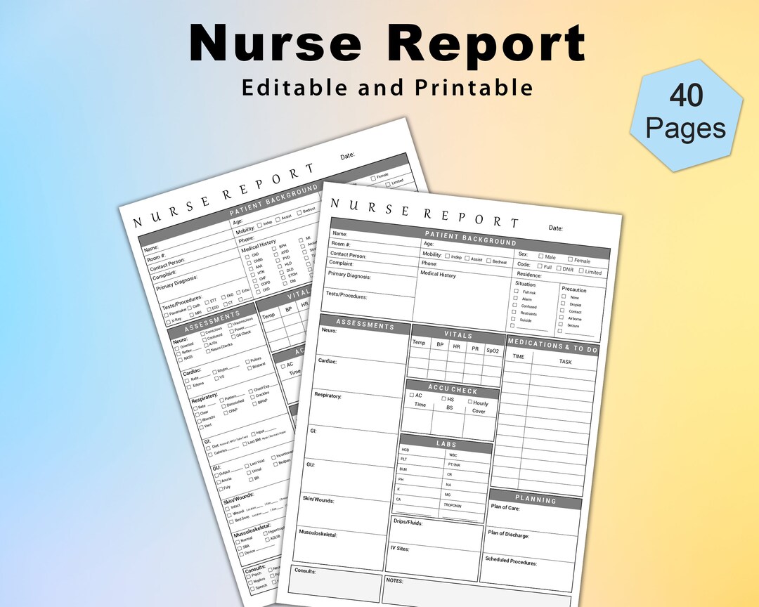 Editable Nurse Report Sheet: Patient Assessment, ICU Nursing Notes ...