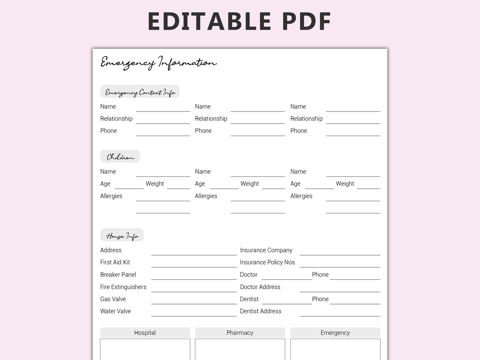 Emergency Information Sheet, Editable Emergency Contact Info Template ...