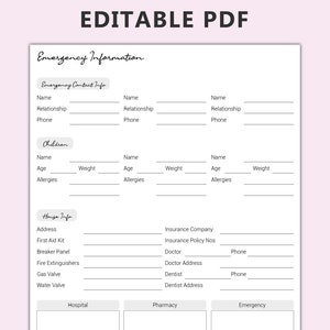 Editable Emergency Information Sheet: Contact & Insurance (A4 PDF) - Etsy