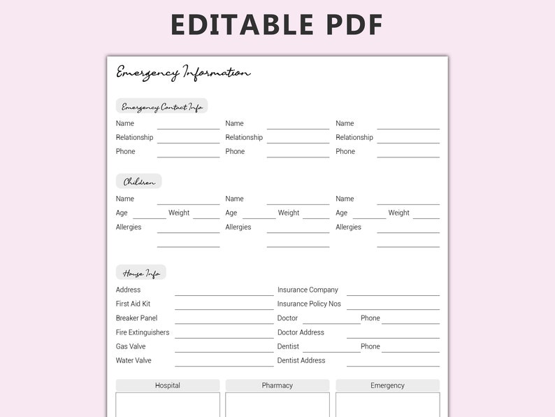 Emergency Information Sheet, Editable Emergency Contact Info Template ...