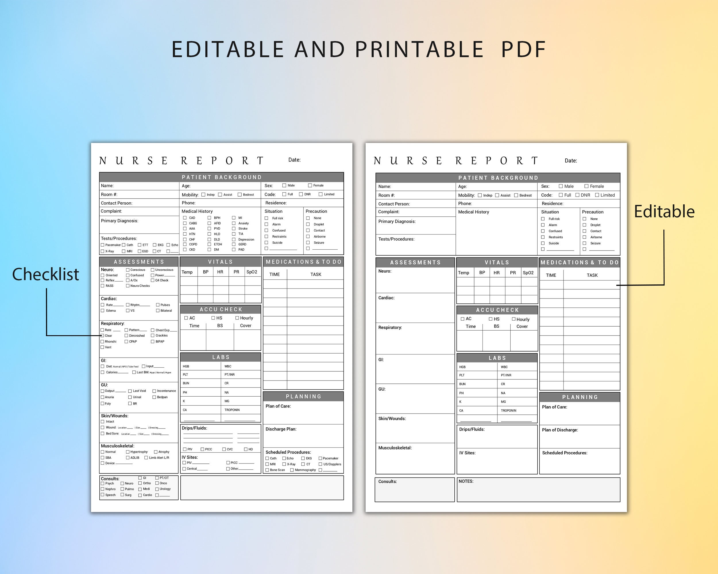 Editable Nursing Report Sheet, Nurse Brain Sheet, Printable Nurse ...
