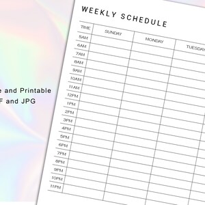 Hourly Weekly Schedule Landscape, Sunday & Monday Start, Weekly Planner ...