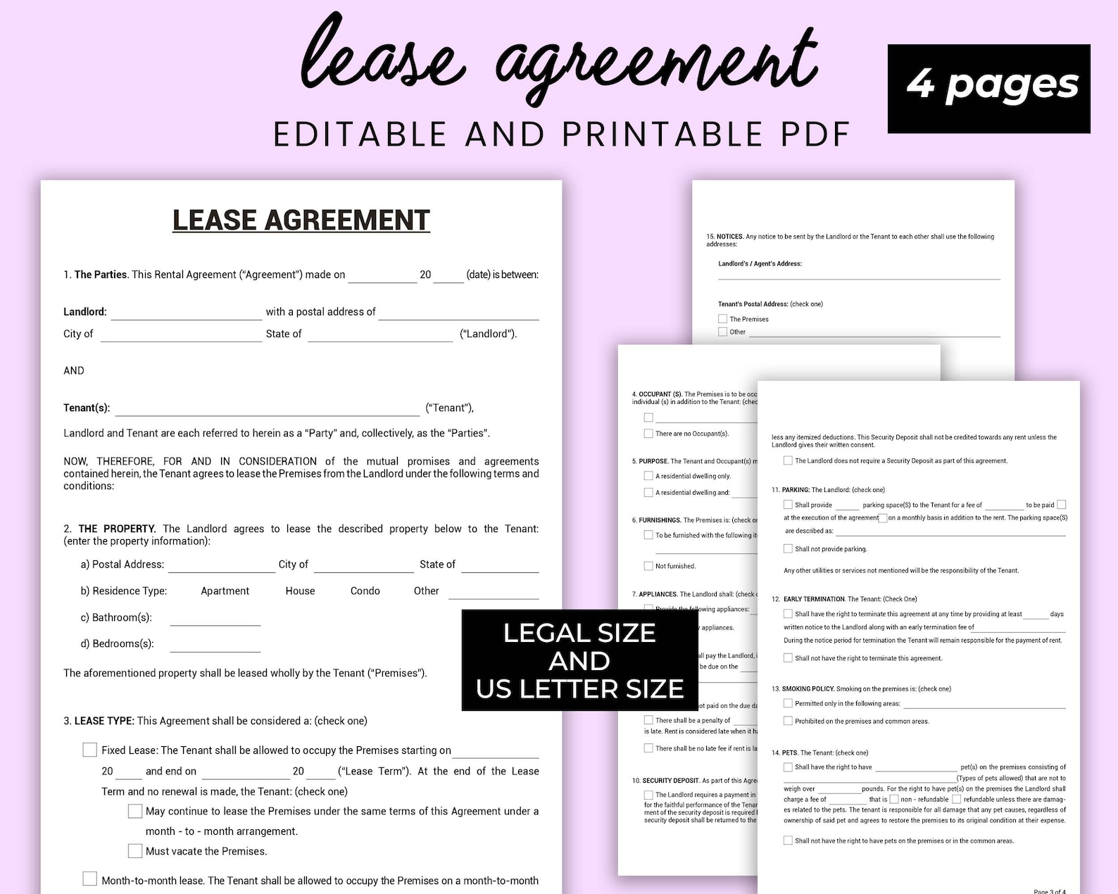 Printable Rental Agreement Template: Landlord Lease Contract (digital ...