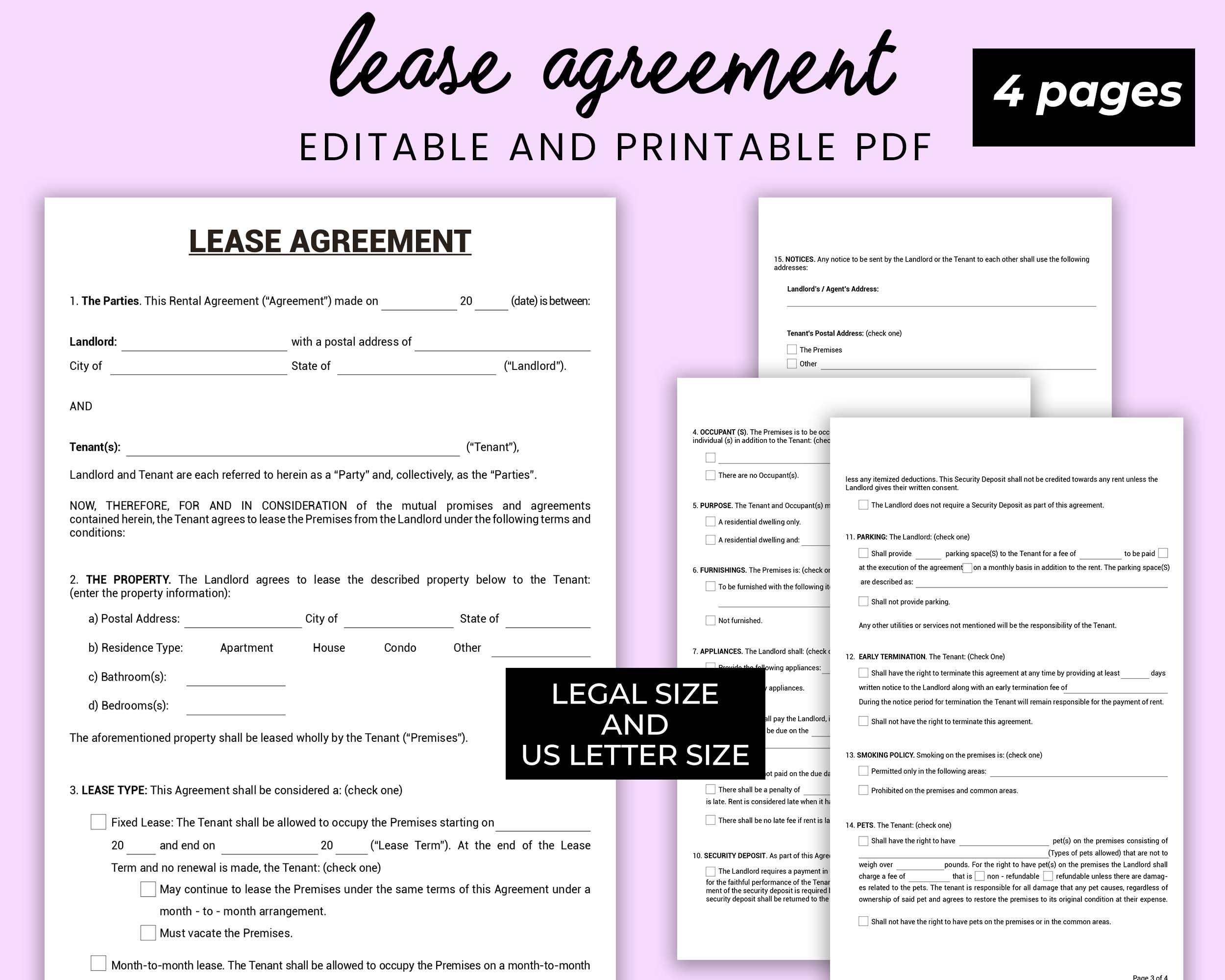 Printable Rental Agreement Template: Landlord Lease Contract (digital ...