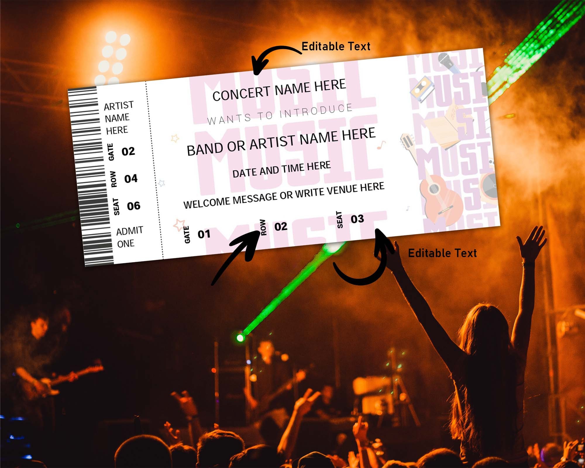 Editable Concert Ticket Template, Printable Event Ticket, Concert ...