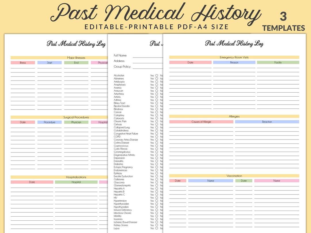 Past Medical History Log, Family Medical History Form , Medical Record ...