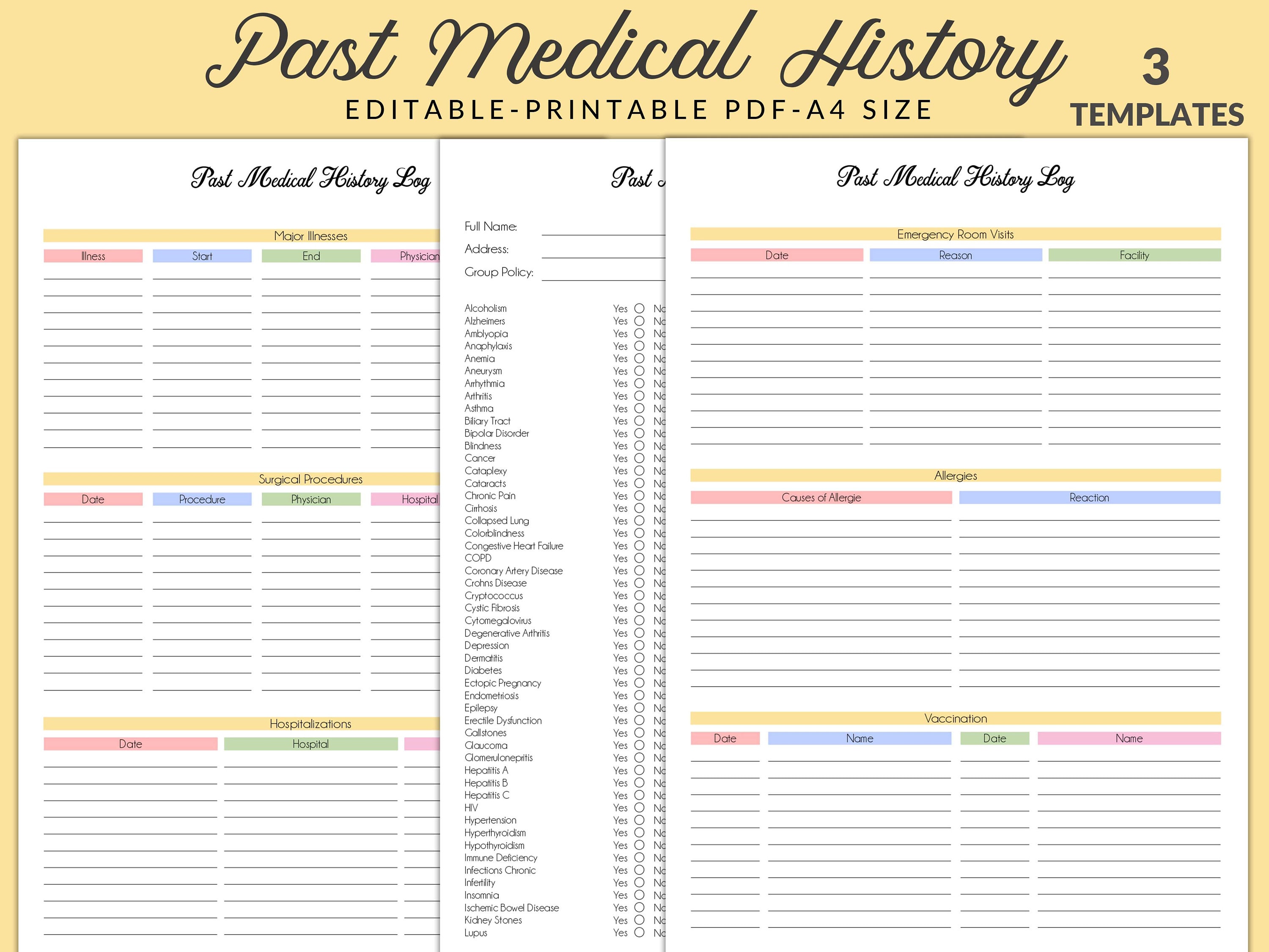 Past Medical History Log, Family Medical History Form , Medical Record ...