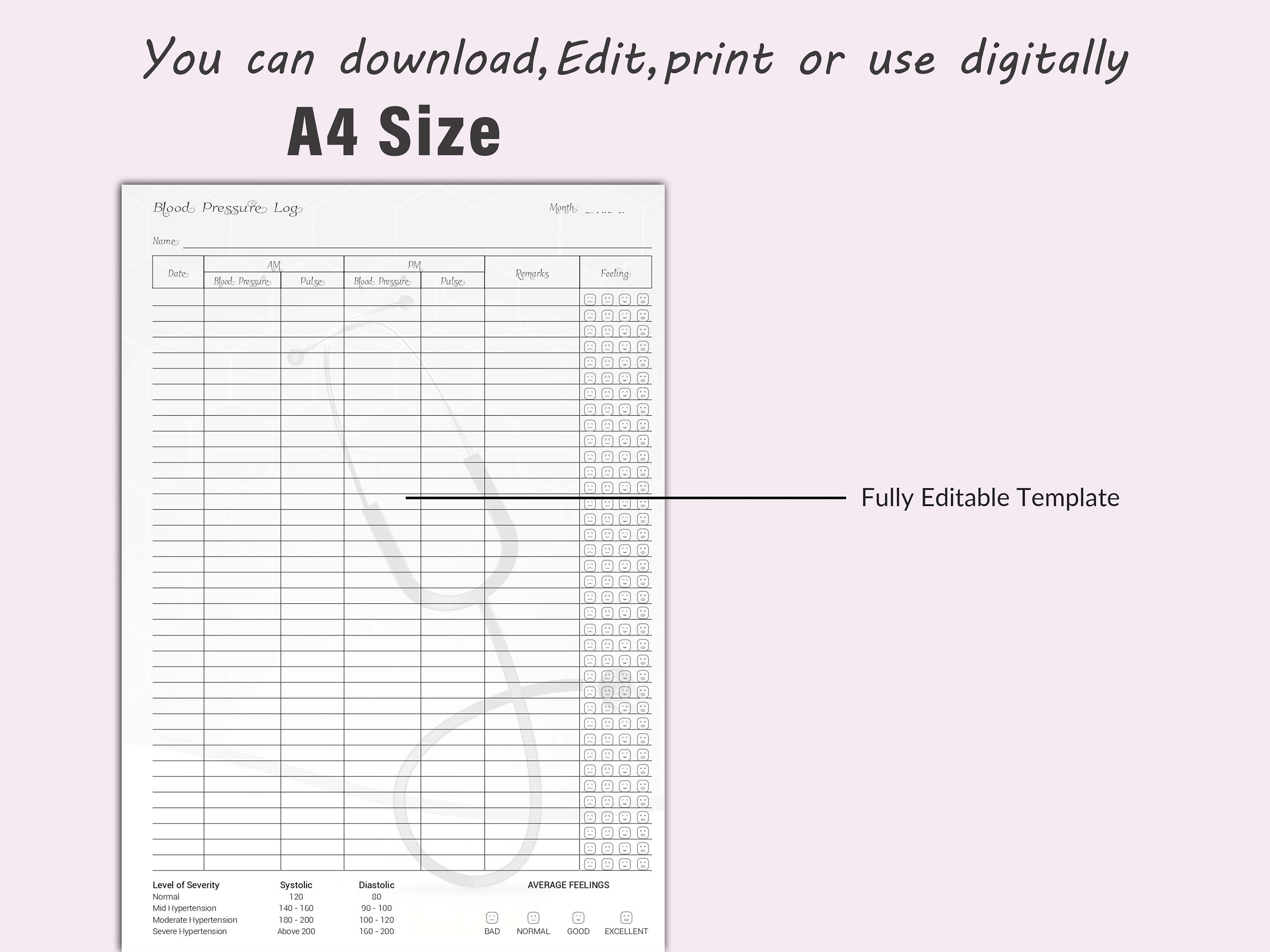 Blood Pressure Log Digital Template, Daily Blood Pressure Tracking ...