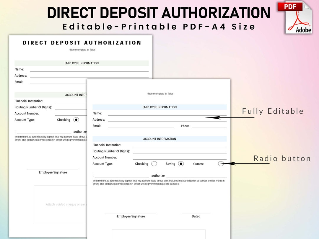 Editable Direct Deposit Authorization Template: HR Employee Form (A4 ...