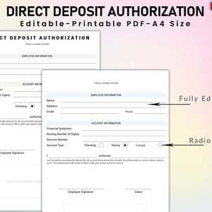 Editable Direct Deposit Authorization Template: HR Employee Form (A4 ...