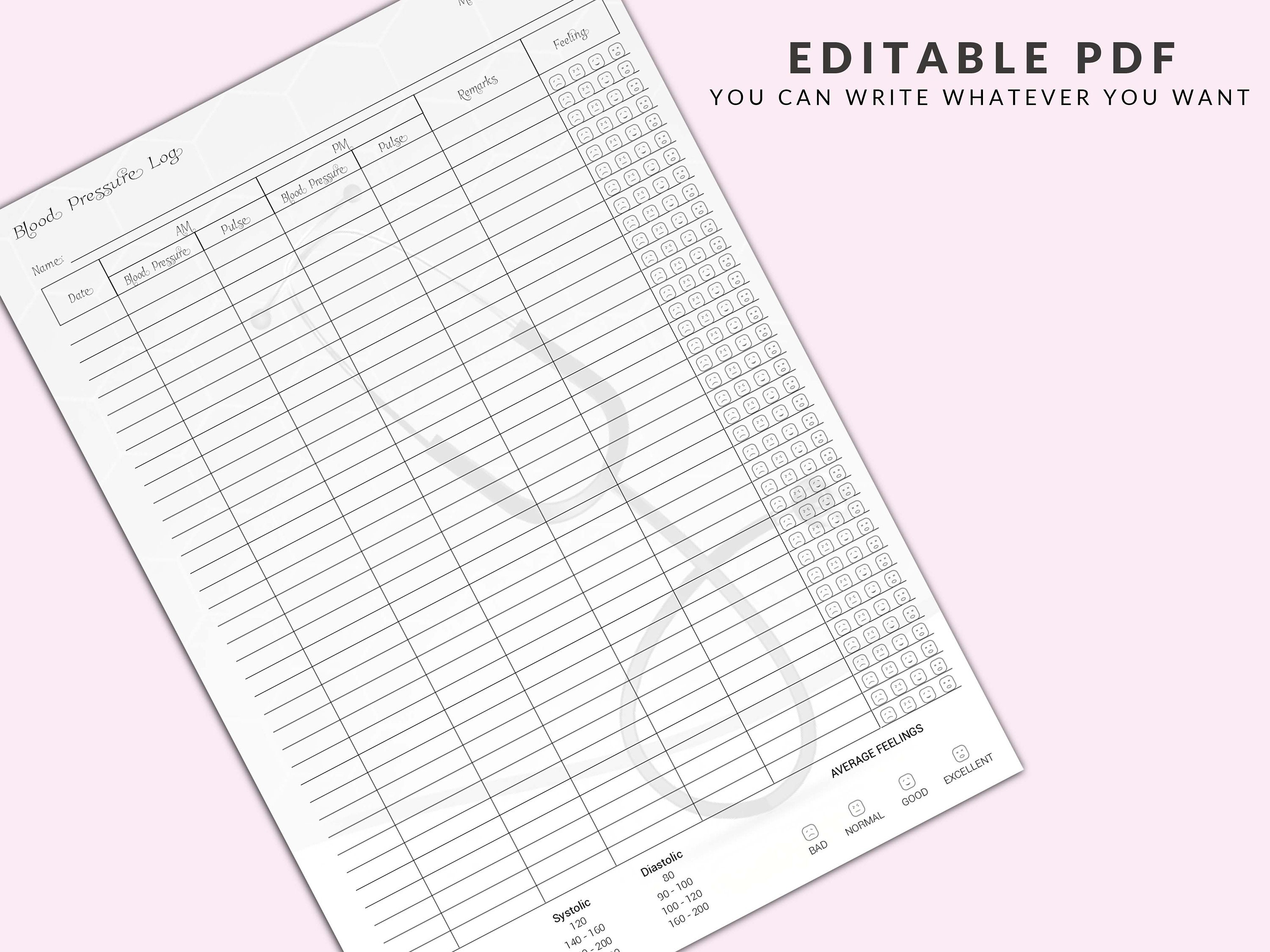 Blood Pressure Log Digital Template, Daily Blood Pressure Tracking ...