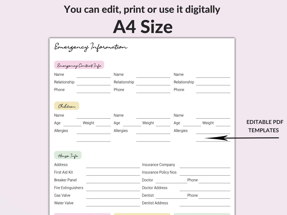 Emergency Information Sheet, Editable Emergency Contact Info Template ...
