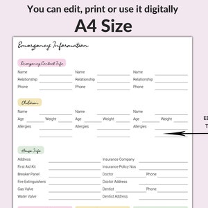 Editable Emergency Information Sheet: Contact & Insurance (A4 PDF) - Etsy