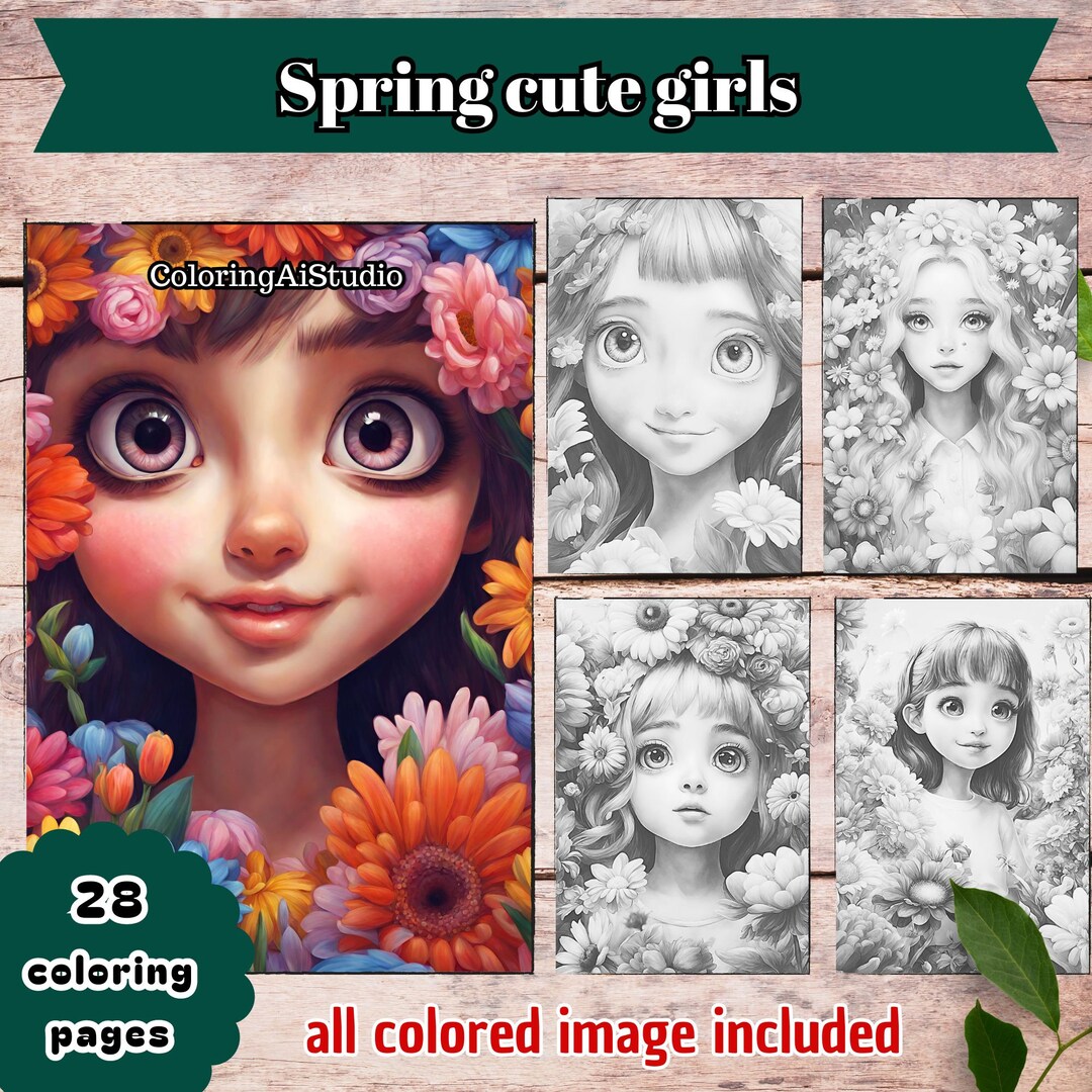 Spring Coloring Book/ Cute Girl Portrait/ Adult Coloring Page ...