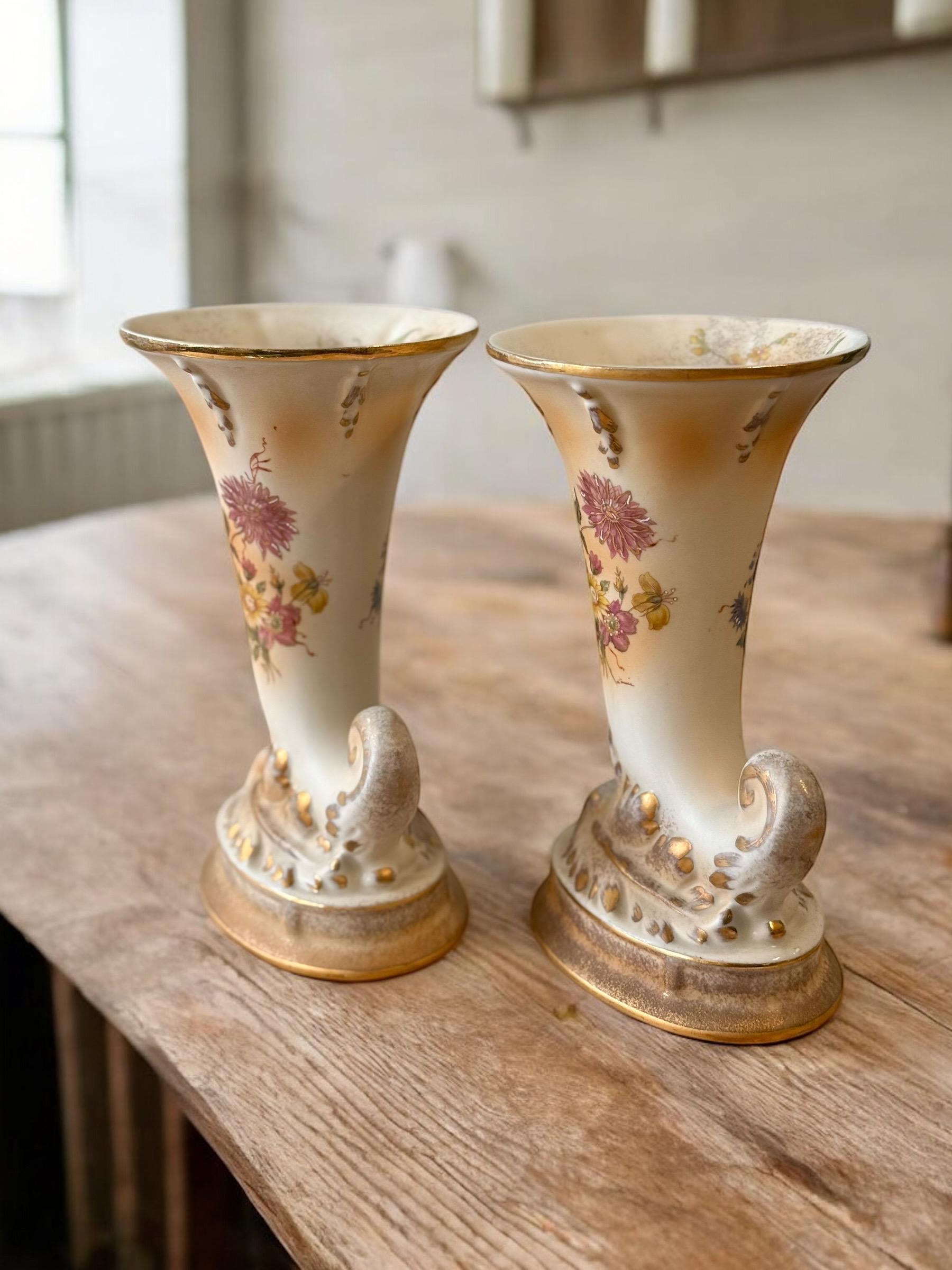 Antique Cornucopia Vases, Hand Painted Floral Urns, Vintage Horn of ...