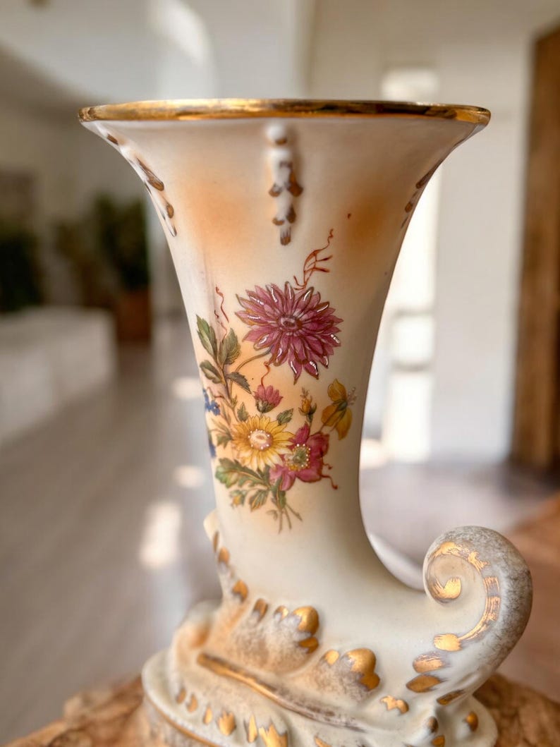 Antique Cornucopia Vases, Hand Painted Floral Urns, Vintage Horn of ...